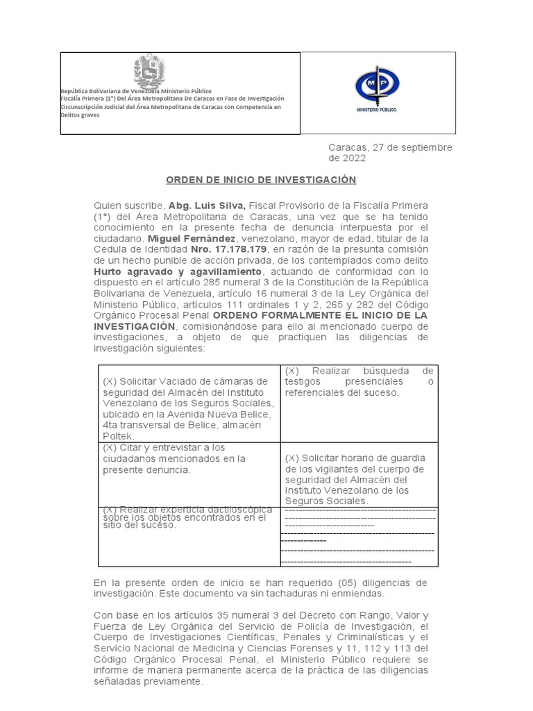 Orden de Inicio de La Investigación | PDF | Venezuela | Justicia