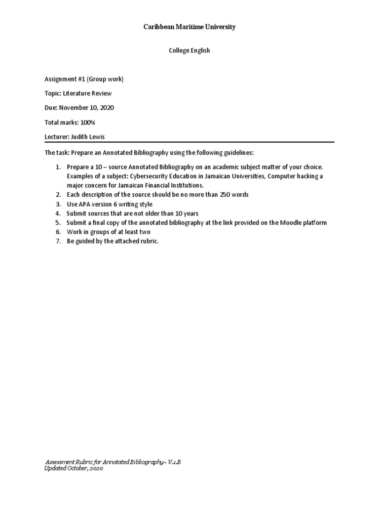 CW1 - Rubric For Annotated Bibliography - Oct 2020 | PDF | Bibliography ...