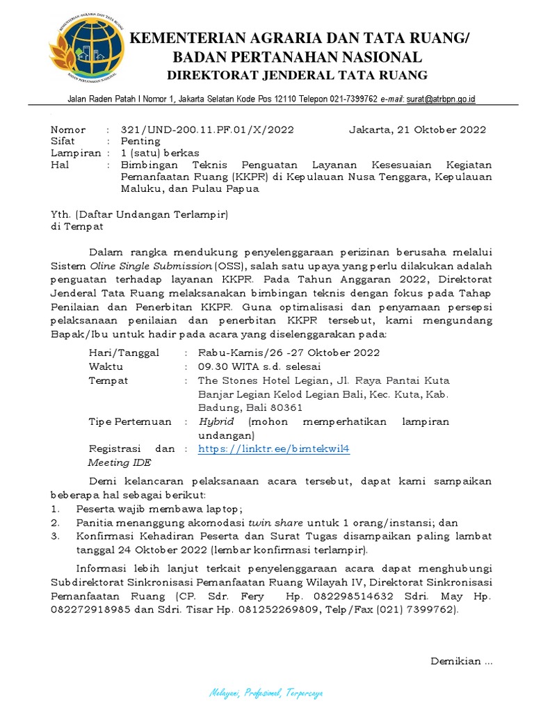 Surat Undangan BIMTEK KKPR Bali | PDF