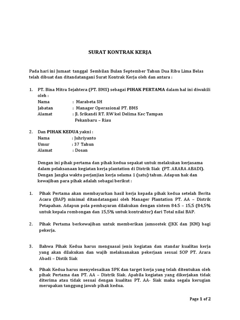 Kontrak Kerja PT. BMS & Juhriyanto | PDF | Hukum