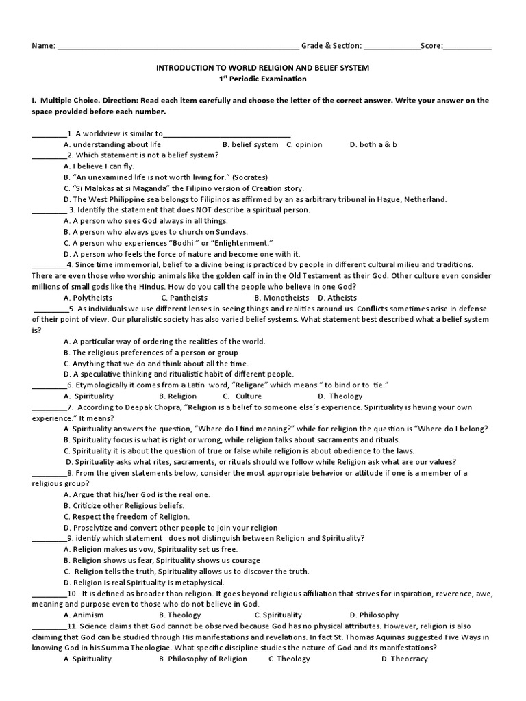 IWRBS 1st Periodic Exam | PDF | God | Monotheism