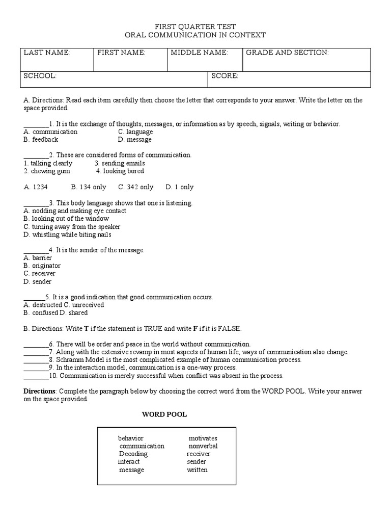 Oral Communication Test Guide | PDF | Communication | Nonverbal ...