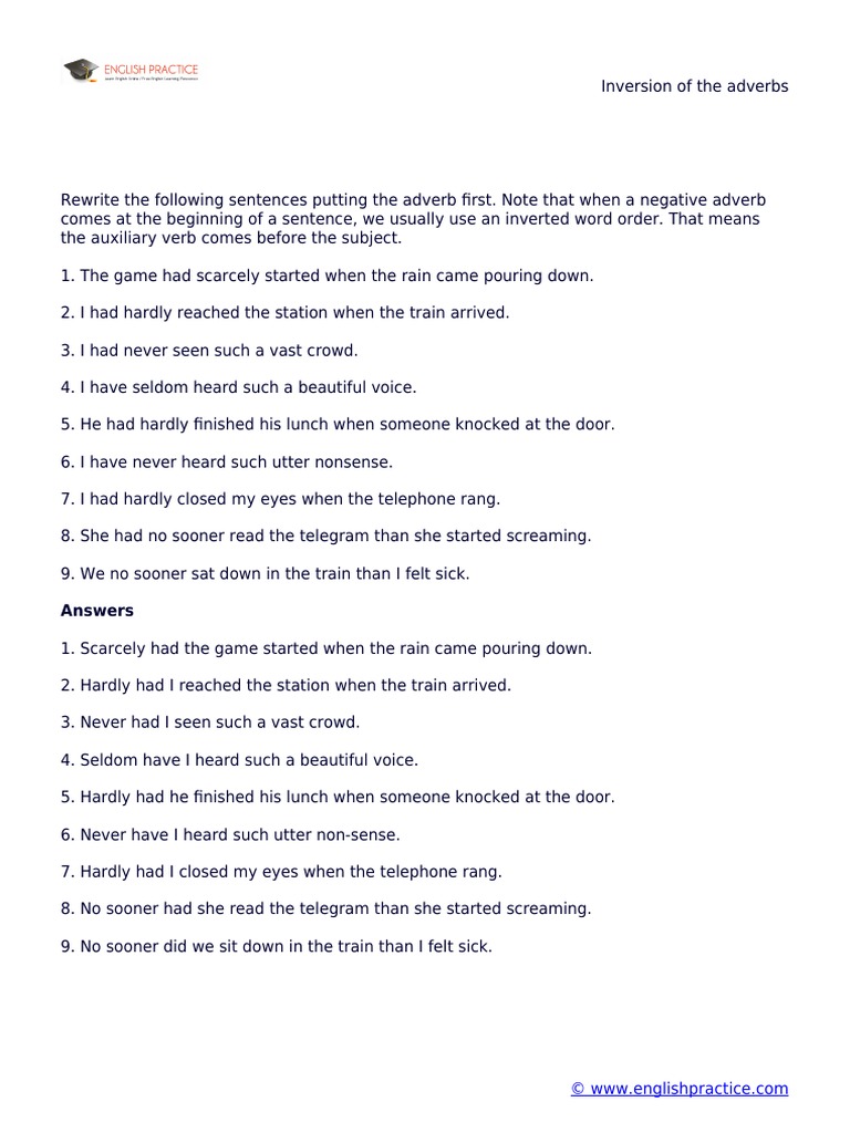 Adverb Inversion Practice | PDF | Language Arts & Discipline | Art