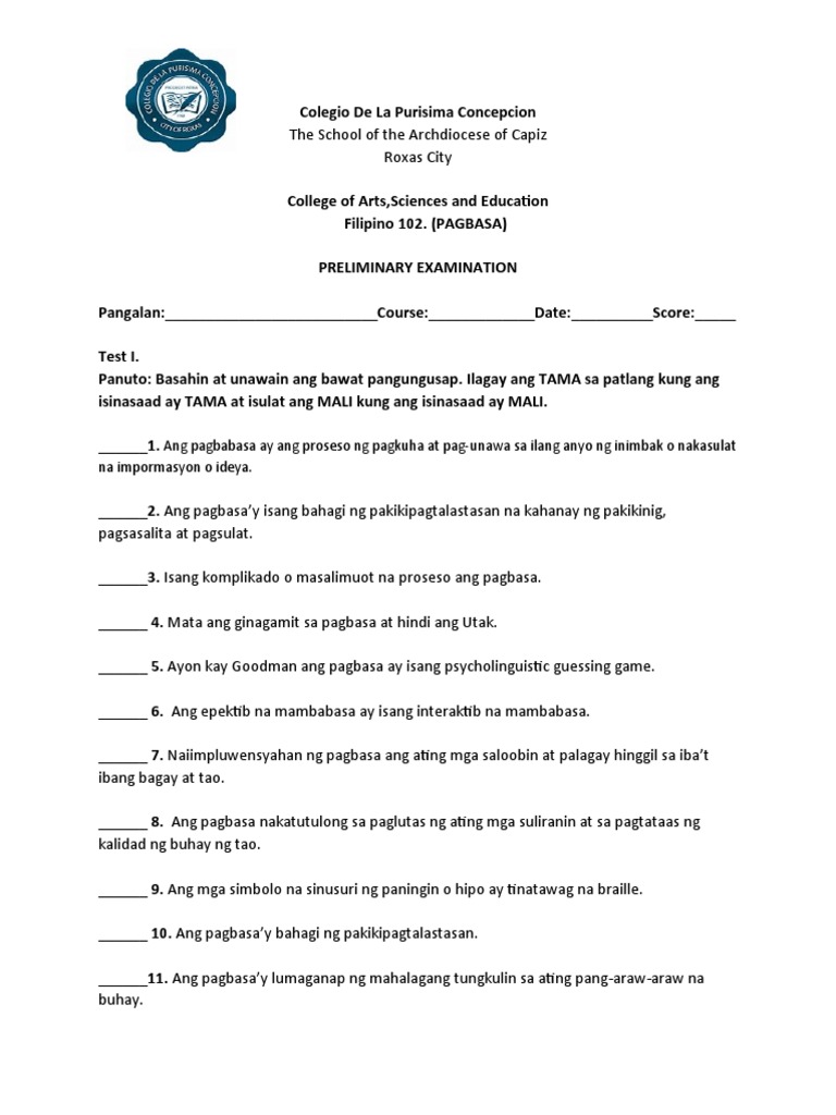 Test Paper Filipino Subject | PDF