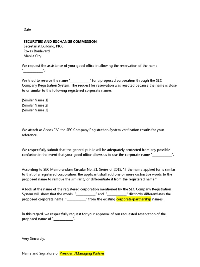 Letter of Appeal For The Reservation of The Proposed SEC Company Name | PDF