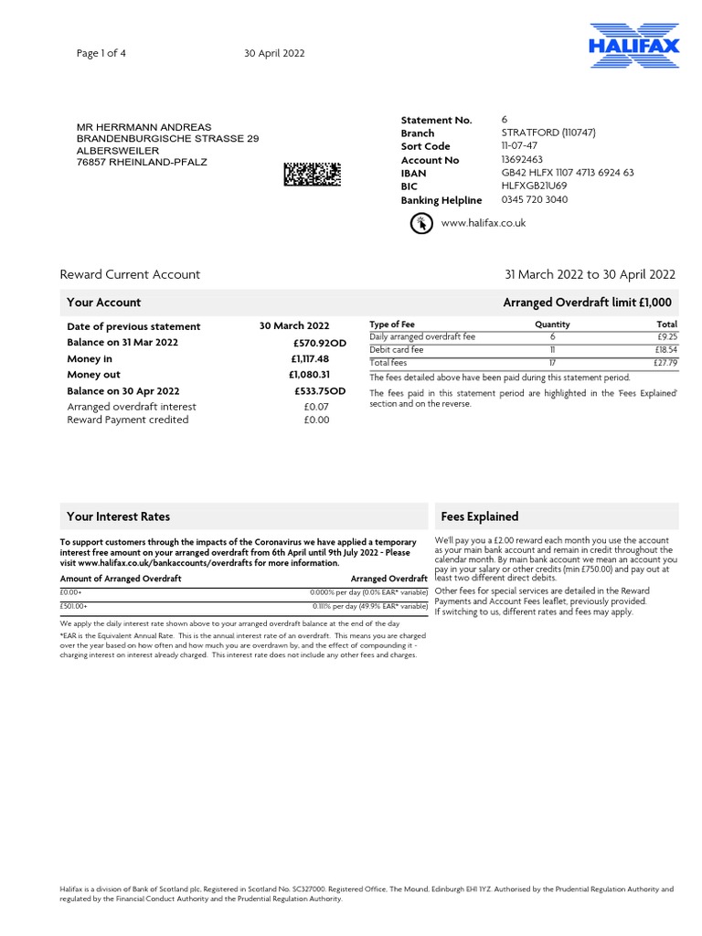 Reward Current Account 31 March 2022 To 30 April 2022: Your Account Arranged Overdraft Limit ...