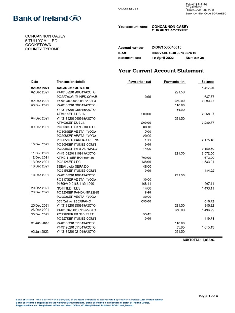Your Current Account Statement: Concannon Casey 5 Tullycall RD ...