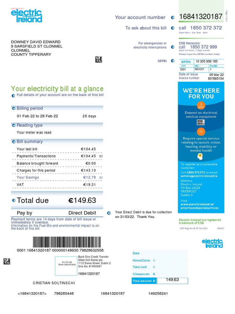 Your Electricity Bill at A Glance: Total Due 149.63 | PDF | Debit Card ...