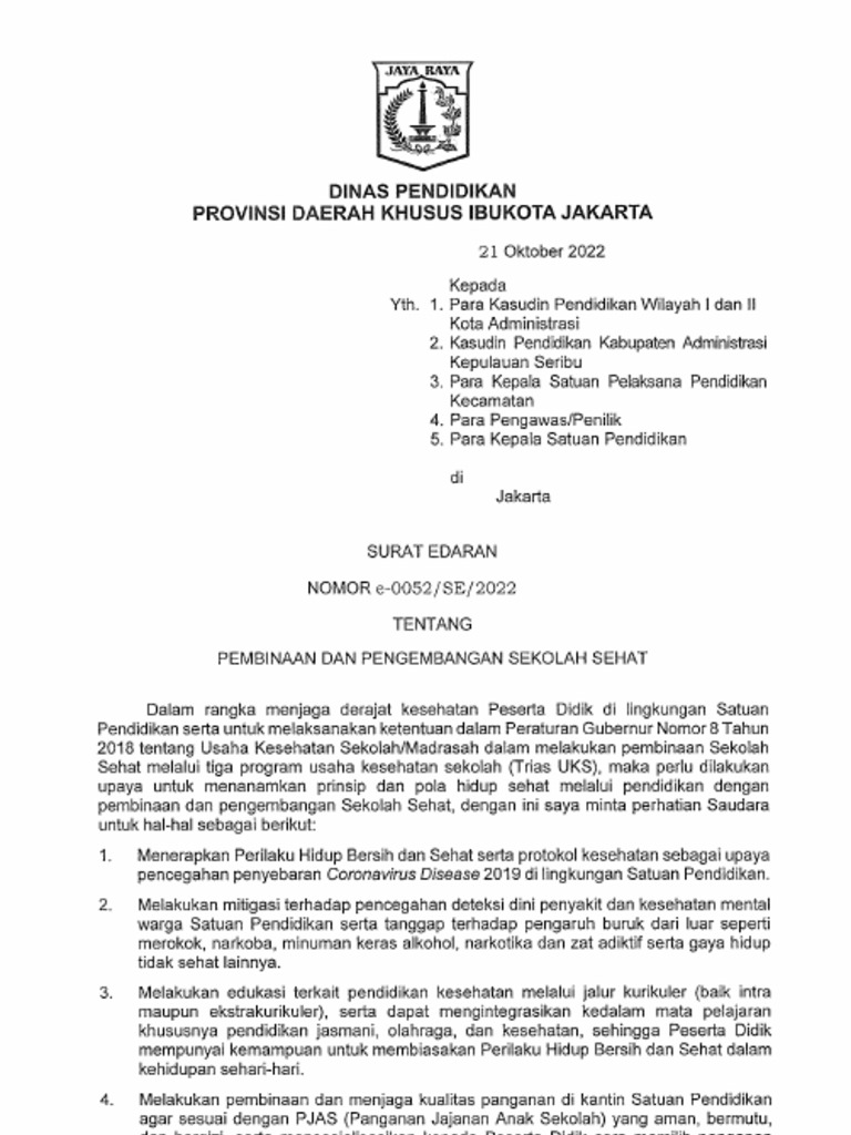 SE Kadisdik e-0052-SE-2022 Tentang Pembinaan Dan Pengembangan Sekolah Sehat | PDF