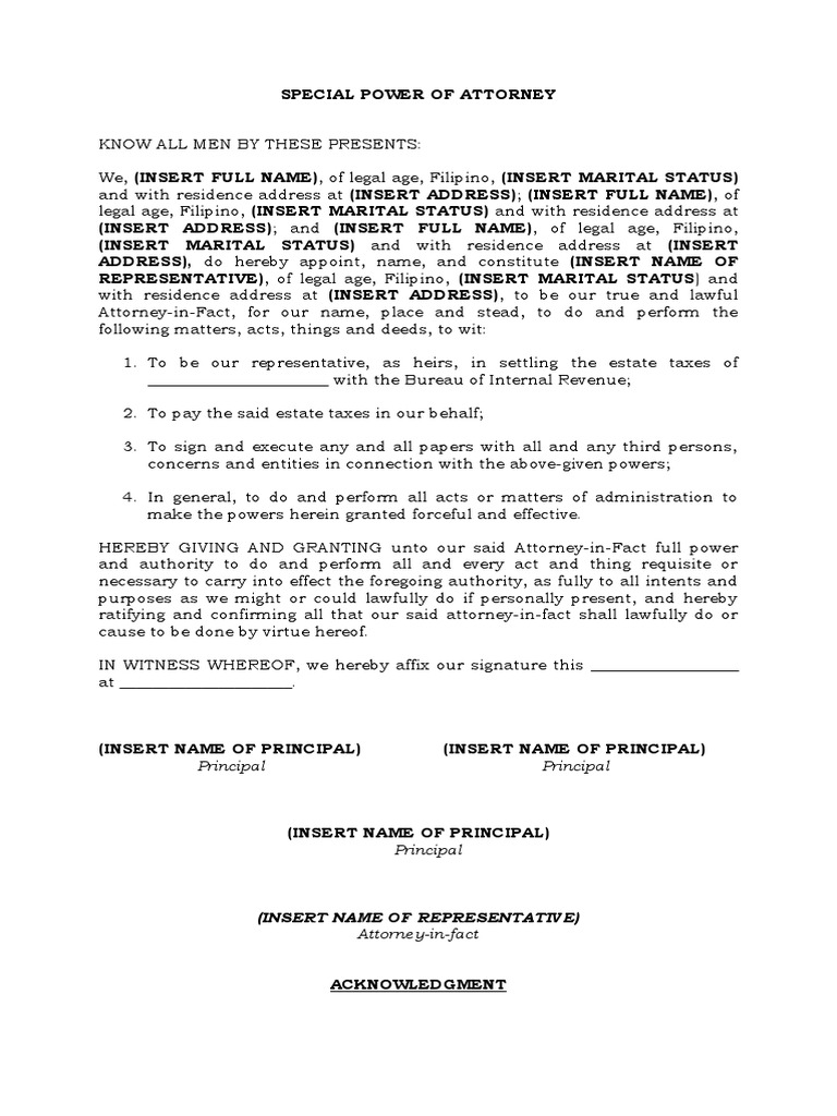 SPA PAYMENT OF ESTATE TAX Revised | PDF | Power Of Attorney | Civil Law ...