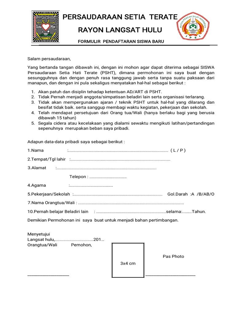 Formulir Pendaftaran Siswa PSHT | PDF | Olahraga & Rekreasi | Gaya Hidup