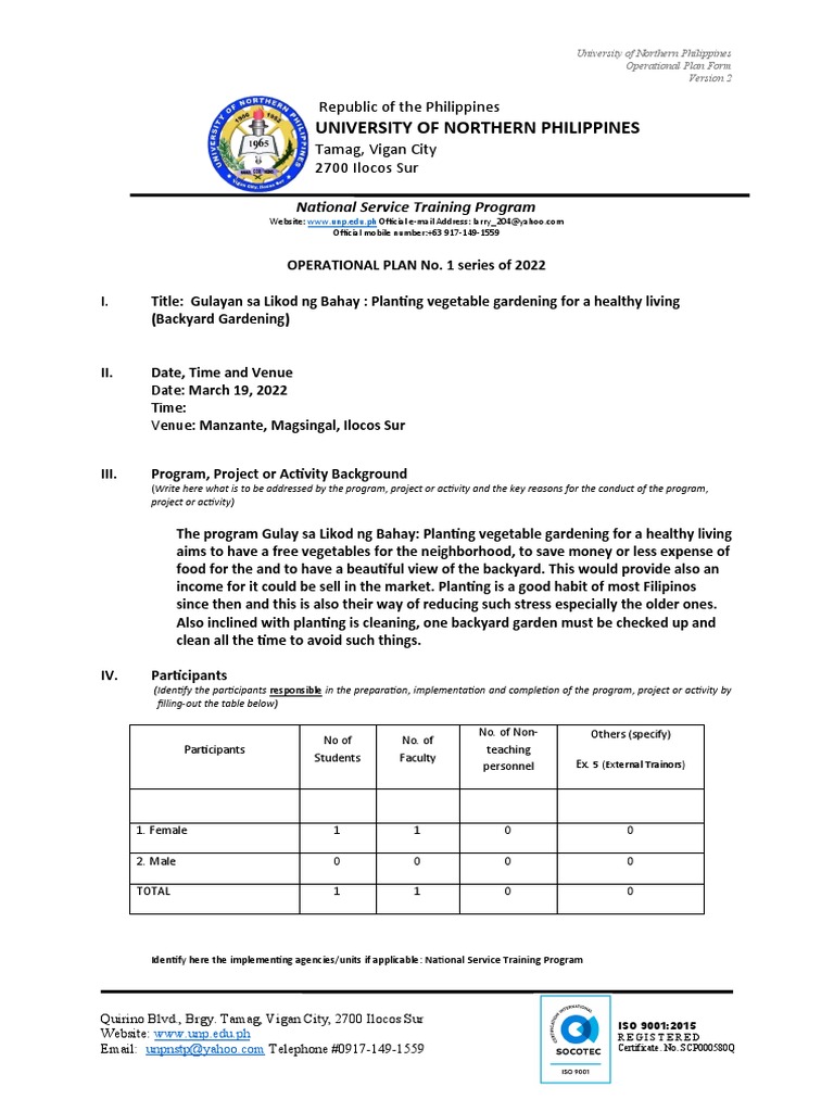 Balanag - CWTS Operational Plan TemplateIndividual - Docs | PDF