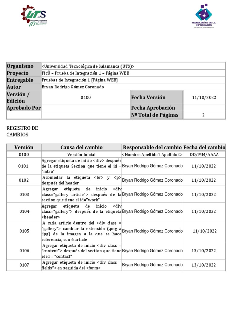 Formato de Control de Cambios 1 | PDF | Informática