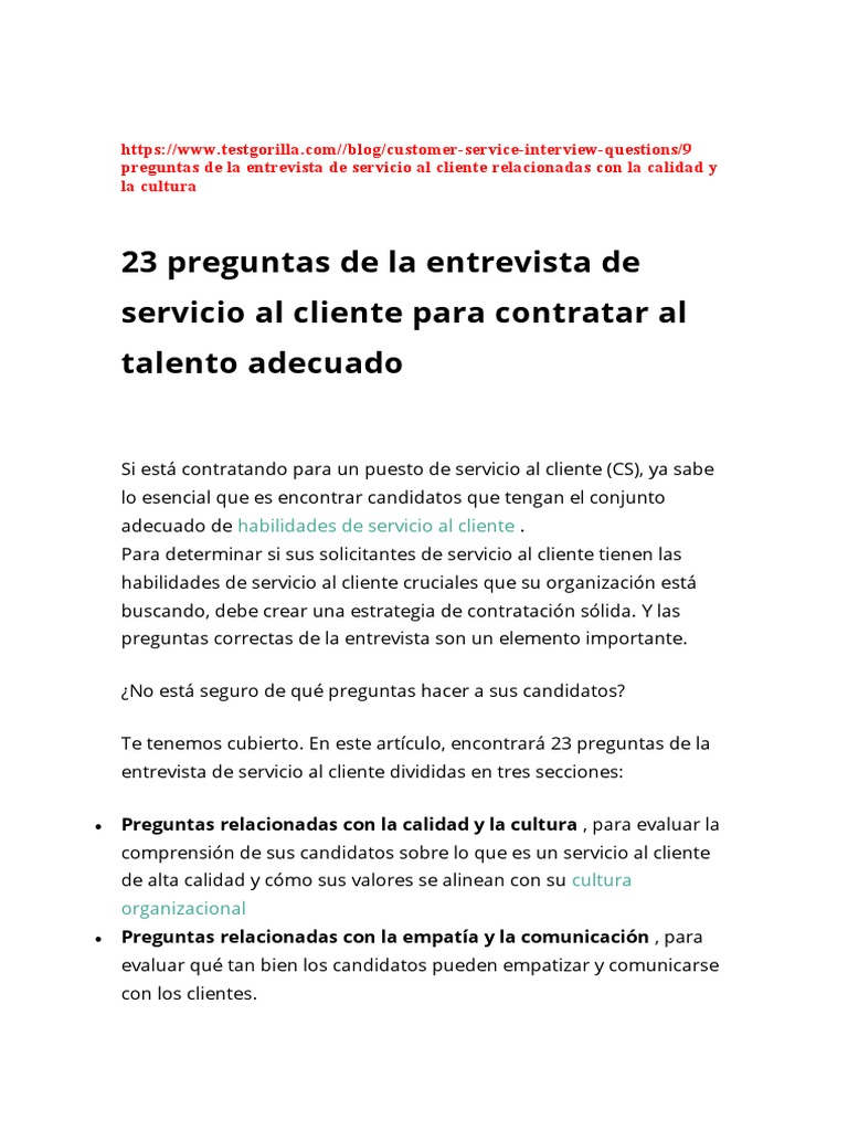 Entrevista de Selección para Servicio Al Cliente | PDF | Servicio al Cliente | Cliente