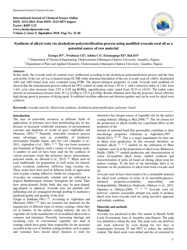 Synthesis of Alkyd Resin Via Alcoholysis-Polyesterification Process Using Modified Avocado Seed ...