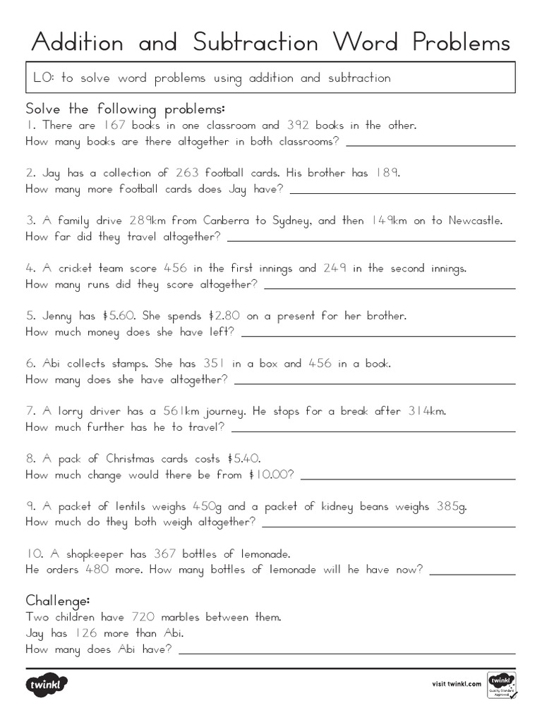 G4 Adding and Subtracting Word Problem | PDF
