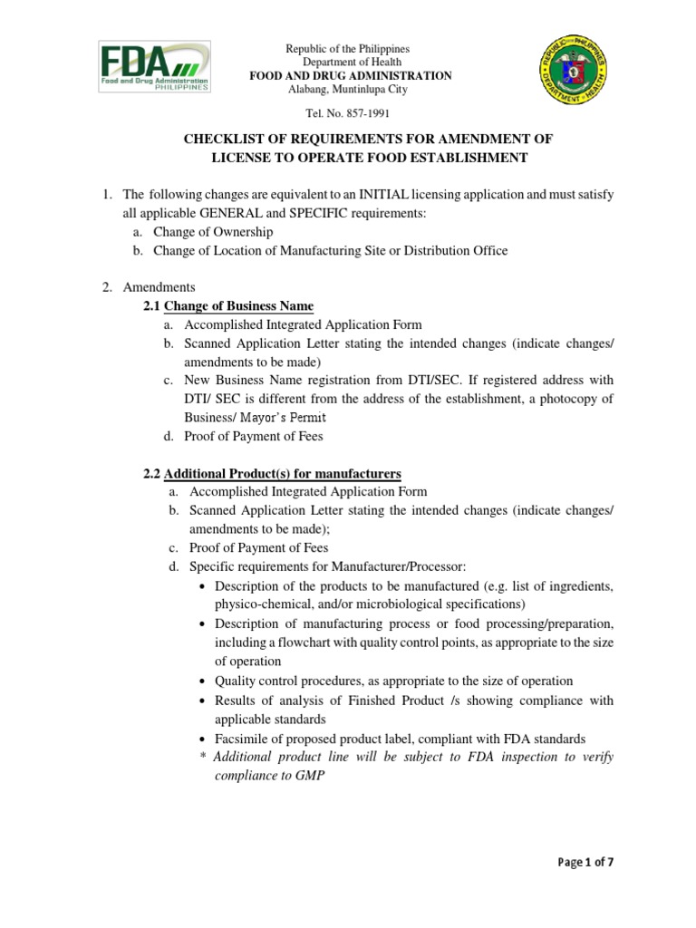 FDA License to Operate Amendment Checklist | PDF | Food And Drug ...