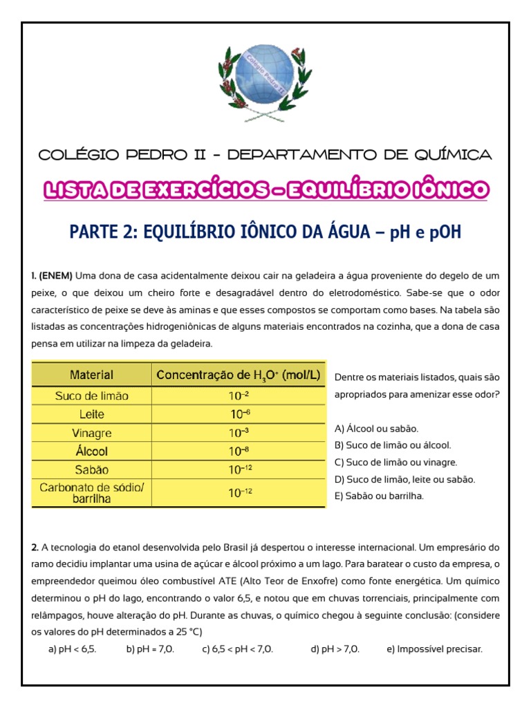 Lista Exercicios - Equilibrio Ionico - Parte 2 | PDF | Ph | Ácido Lista Exercicios - Equilibrio Ionico - Parte 2 | PDF | Ph | Ácido