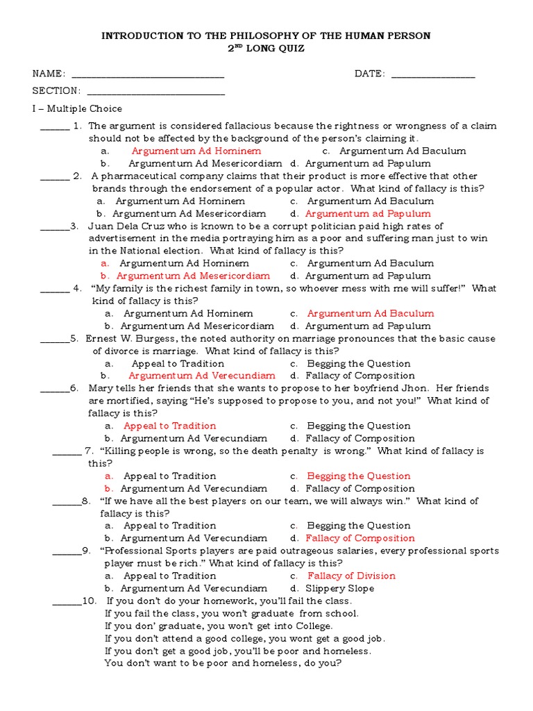 Human Person Philosophy Quiz | PDF | Bias | Inductive Reasoning