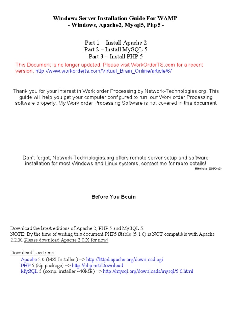 Work Order Processing Windows Server Installation Guide For Wamp Apache Mysql Php Pdf
