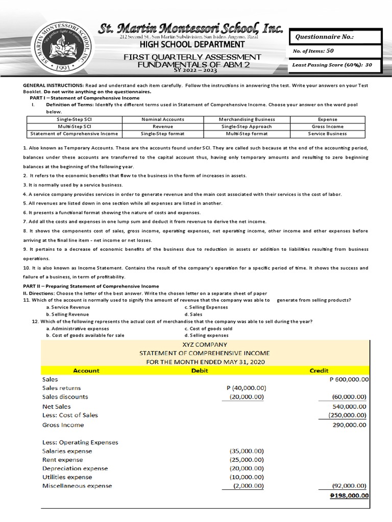 Grade 12 FABM2 Quarterly Assessment Q1 | PDF | Expense | Equity (Finance)
