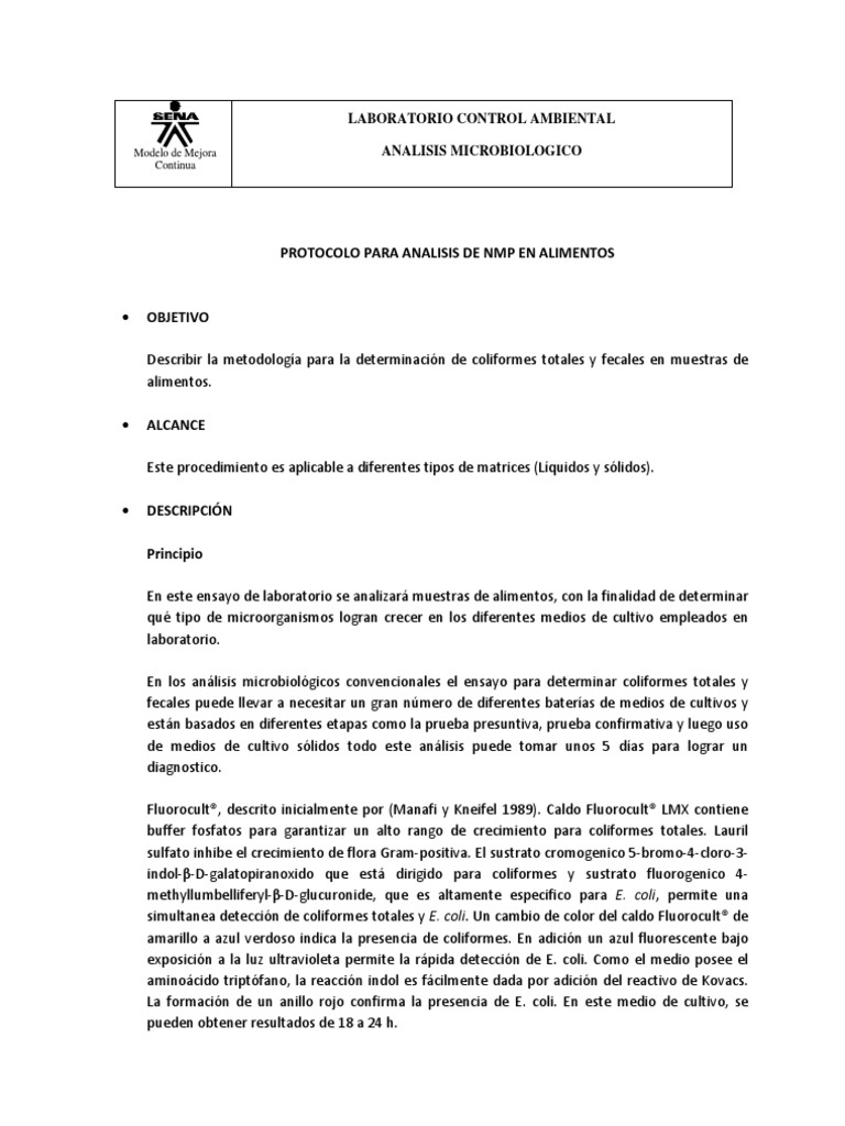Lab Oratorio Nmero Mas Probable NMP en Alimentos Usando Fluorocult LMX | PDF | Microbiología ...