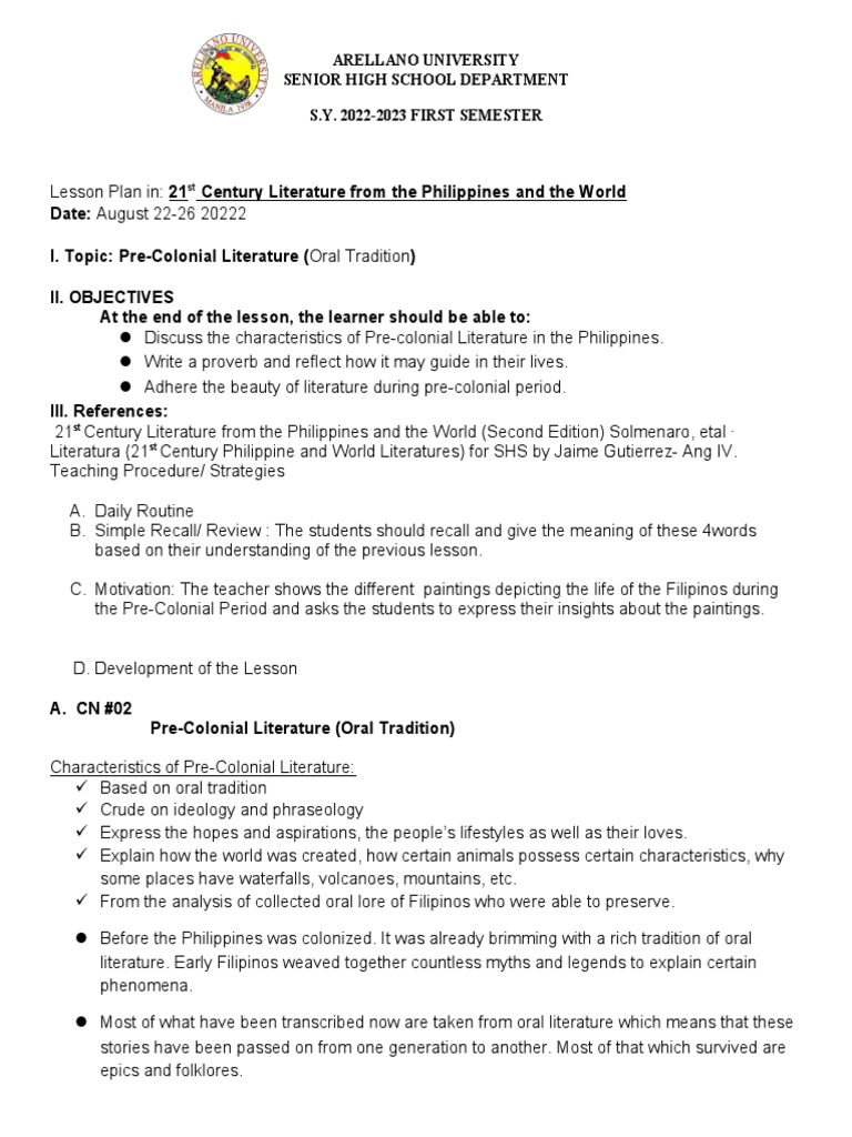 Dlp-L02-Pre-Colonial-Literature Villaroza Humss 12-C | PDF | Narrative | Epic Poetry