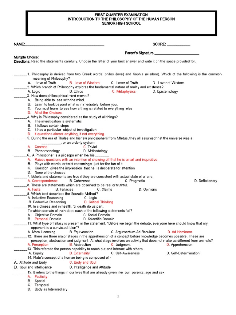 1ST Quarter Exam Philo | PDF | Truth | Reason