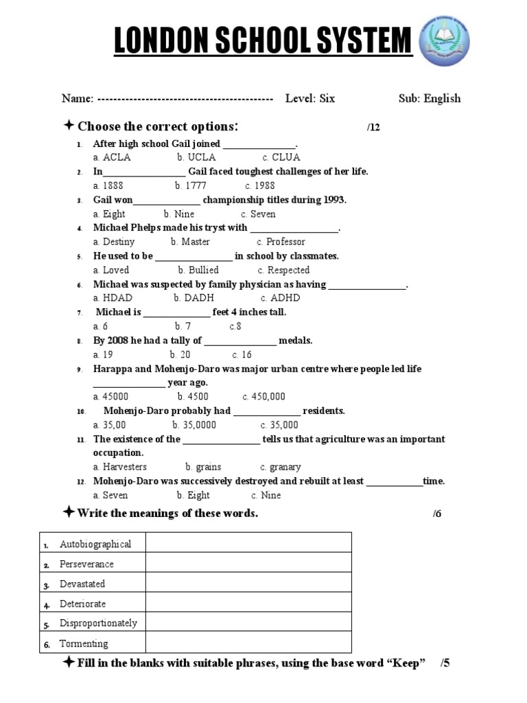 Monthly English Test for Six Level | PDF