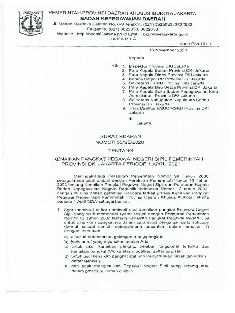 SE Kepala BKD Nomor 55 SE 2020 Kenaikan Pangkat PNS Pemprov DKI Jakarta ...