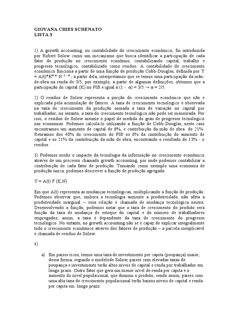 Lista de Exercicios 3 - Modelo Neoclássico de Solow | PDF | Crescimento econômico | Economia