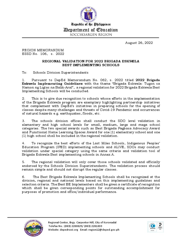 Region Memorandum ESSD 106 REGIONAL VALIDATION FOR 2022 BRIGADA ESKWELA ... Region Memorandum ESSD 106 REGIONAL VALIDATION FOR 2022 BRIGADA ESKWELA ...
