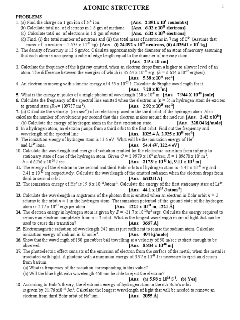Atomic Structure Exercises | PDF | Photoelectric Effect | Electron
