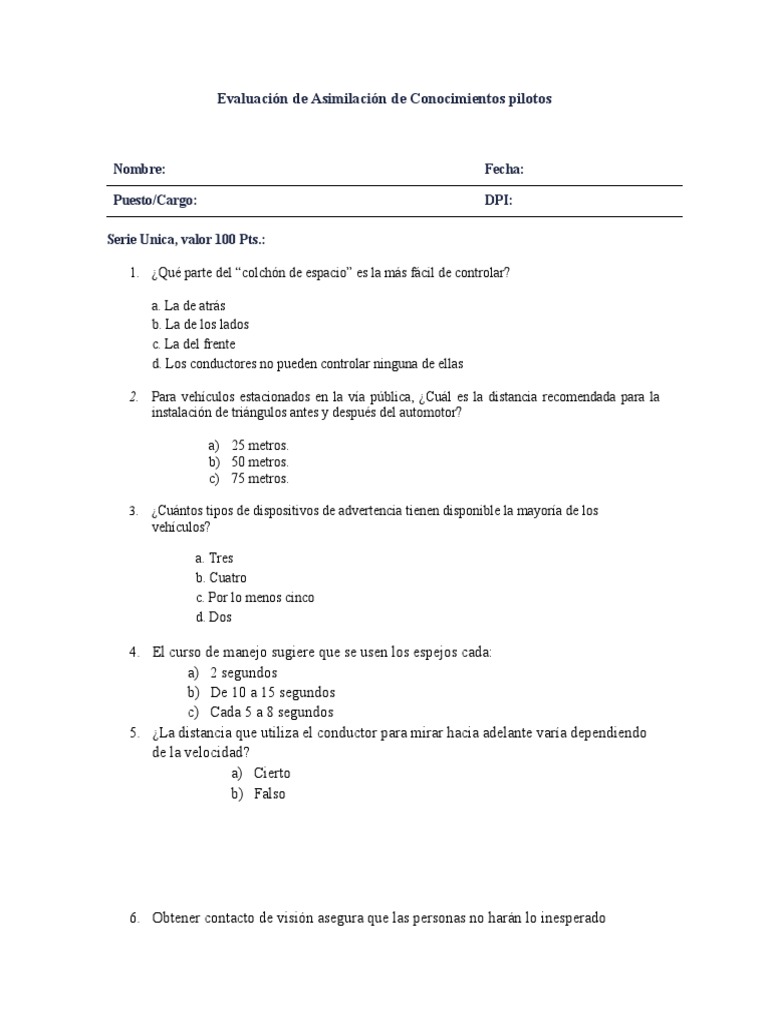 Evaluación de Asimilación de Conocimientos Pilotos, VOMDA | PDF