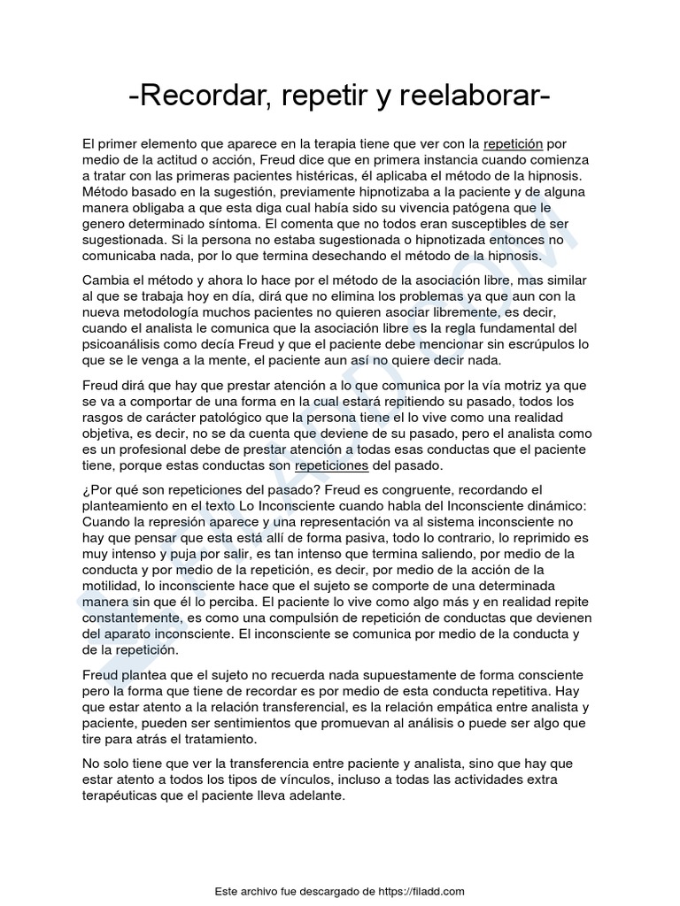 Recordar Repetir y Reelaborar | PDF | Mente inconsciente | Sigmund Freud