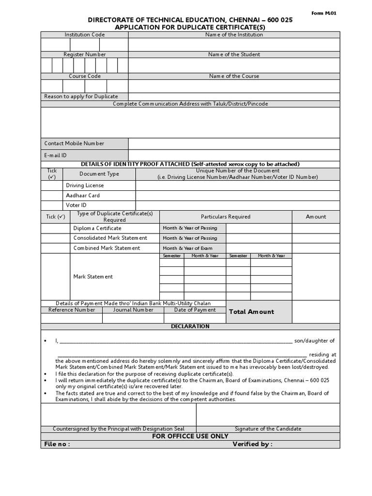 M01 Application For Duplicate Certificate | PDF | Driver's License | Government