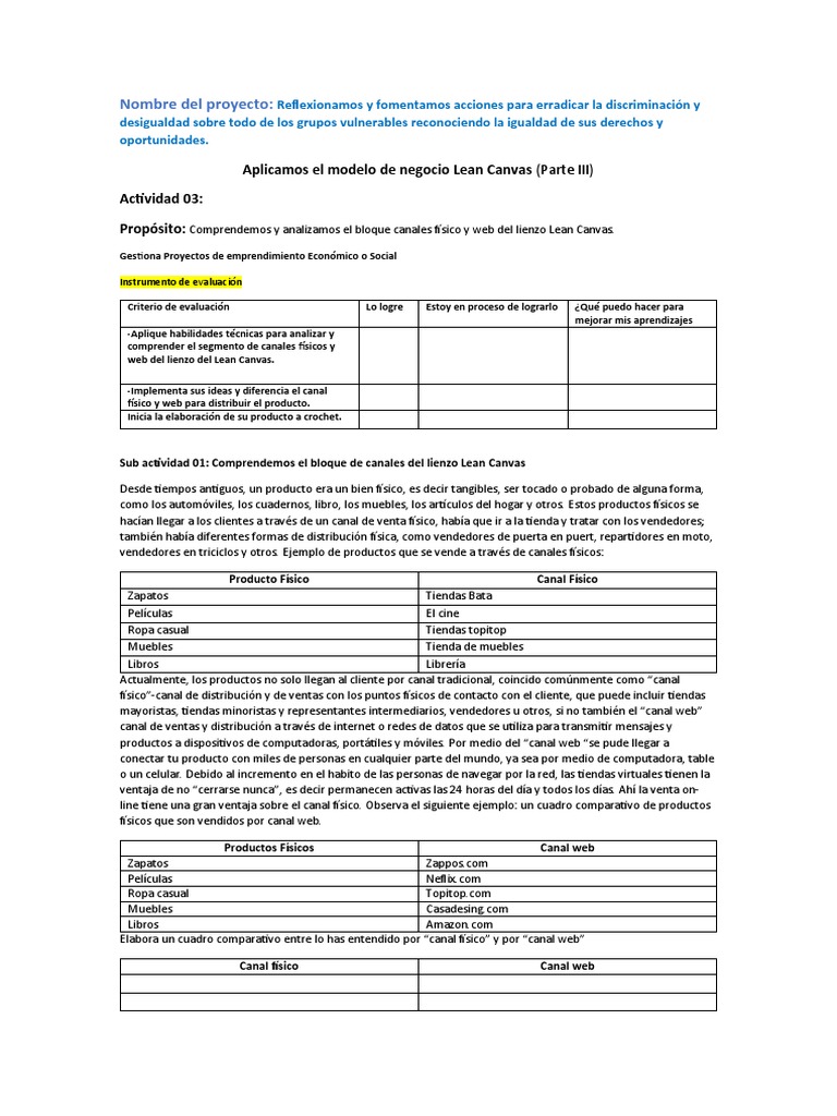 Canales en Lean Canvas: Físicos y Web | PDF | Iniciativa empresarial ...