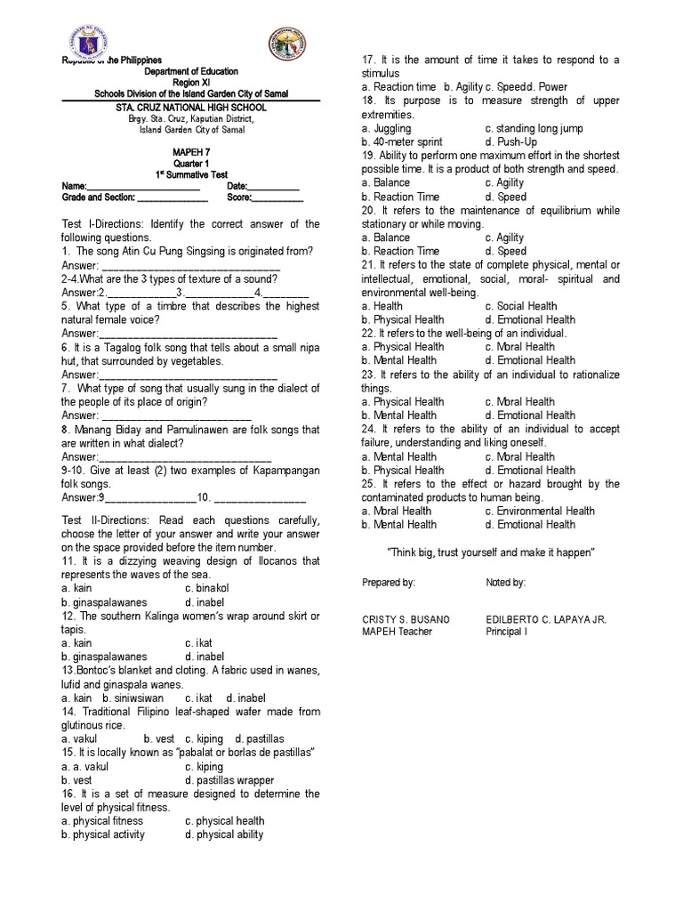 MAPEH 7 1st Quarter Summative Test | PDF | Mental Health | Mental ...