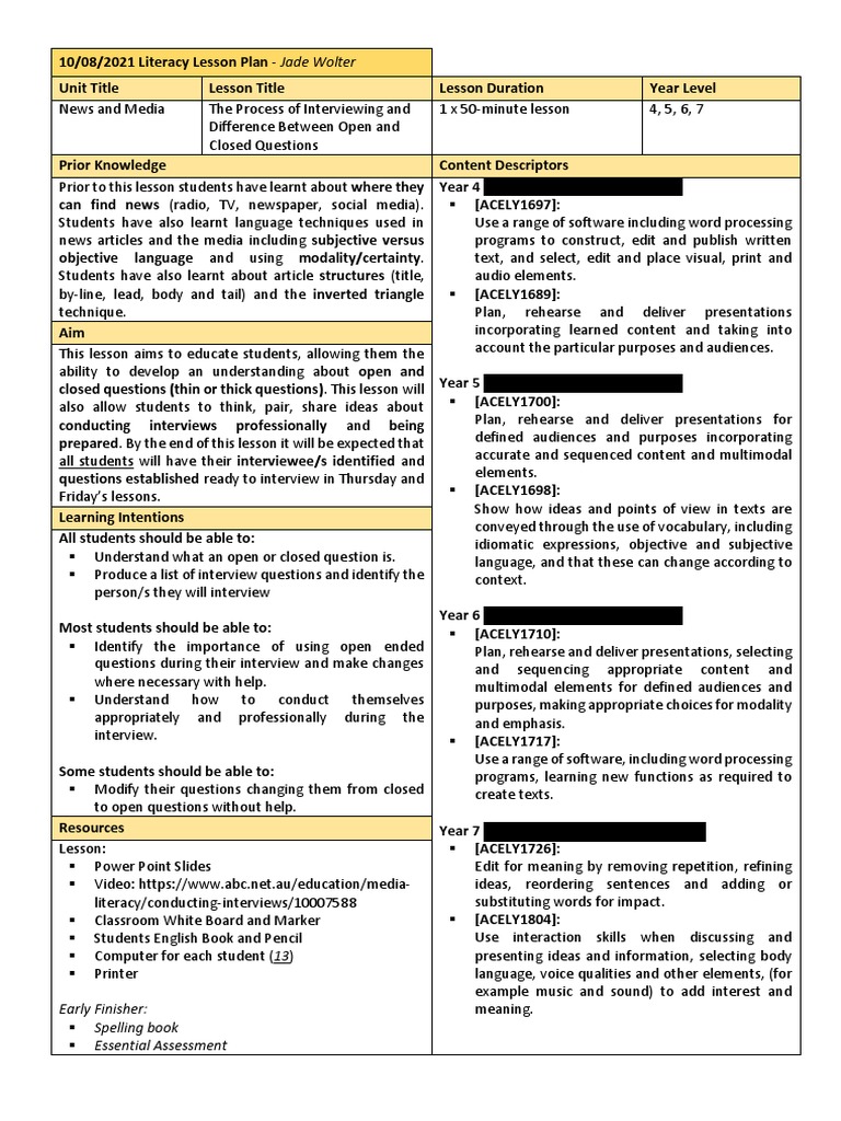 Interviewing Open Vs Closed Questions Lesson Plan | PDF | Teachers ...