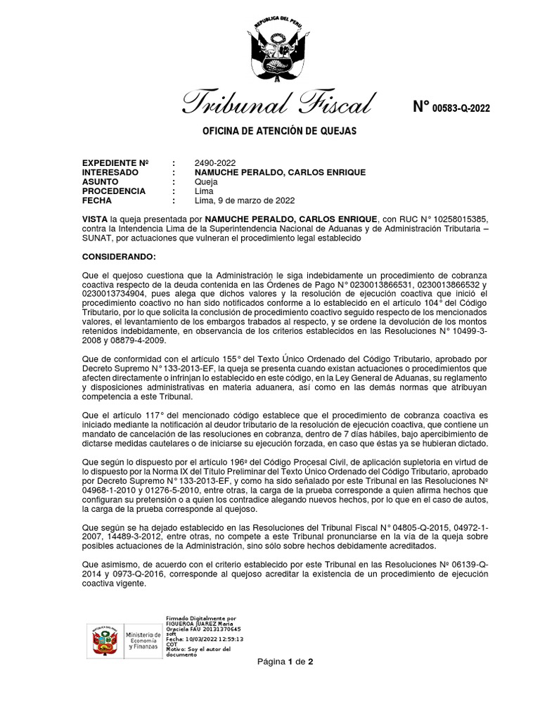 Tribunal Fiscal: Oficina de Atención de Quejas 00583-Q-2022 | PDF ...