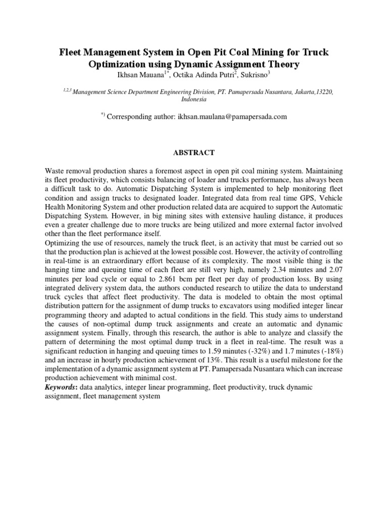 WMC2023-ABSTRACT-Fleet Management System in Open Pit Coal Mining For Truck Optimization | PDF ...