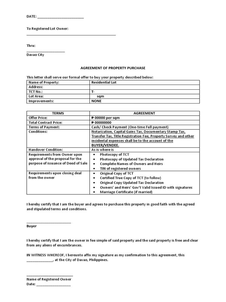 Agreement of House and Lot Property Purchase | PDF