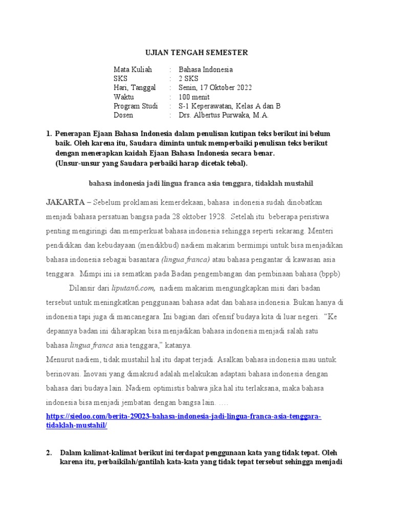 Uts Bahasa Indonesia S-1 Perawat A Dan B - 2022-2023 | PDF