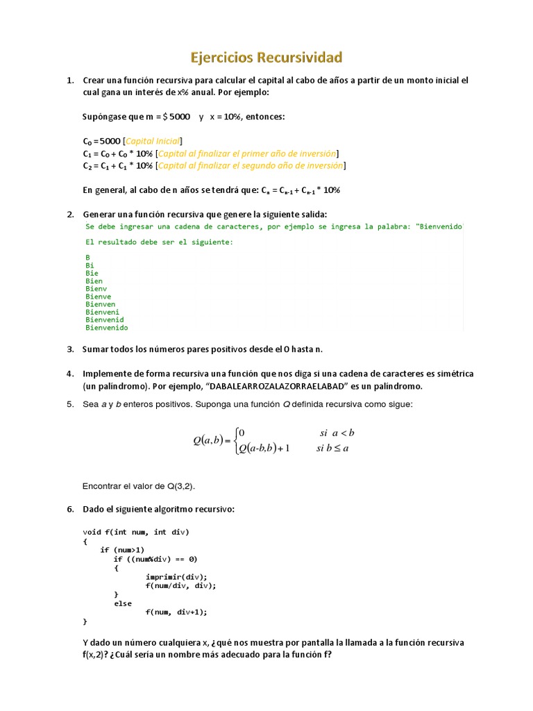 Ejercicios Recursividad | PDF | Recursividad | Función (Matemáticas)