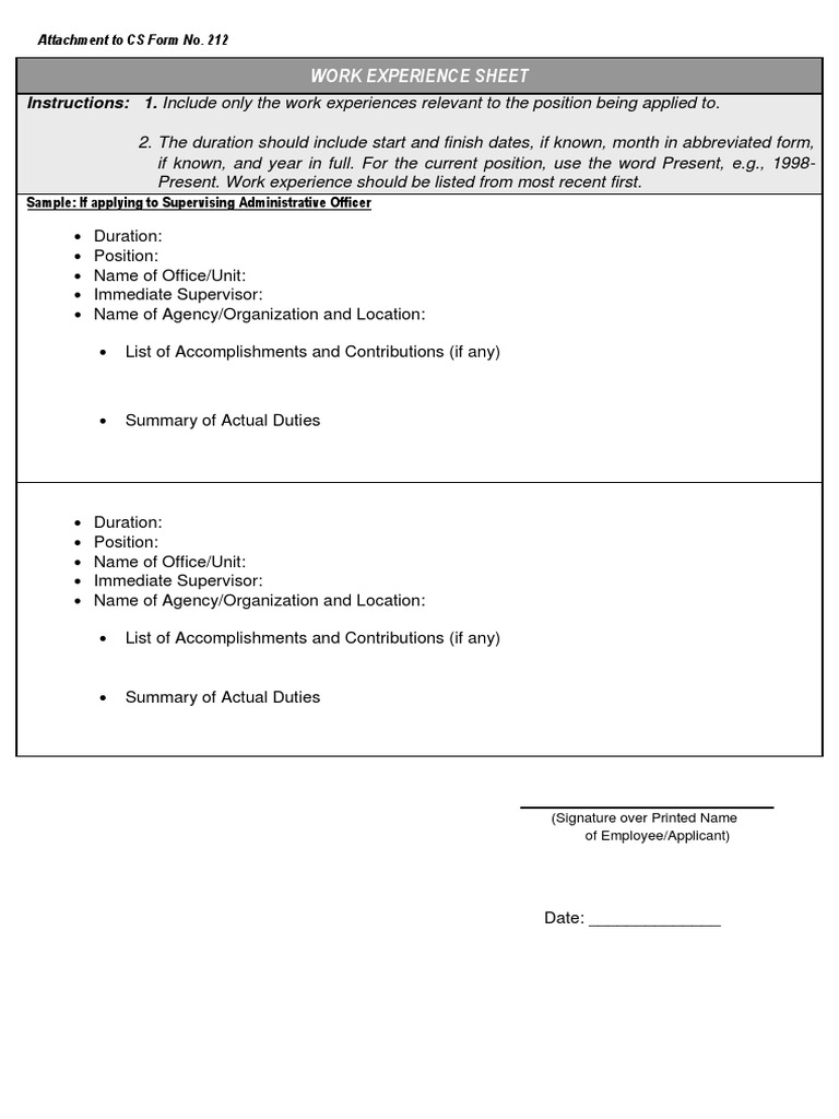 PDS Work Experience Sheet Template | PDF