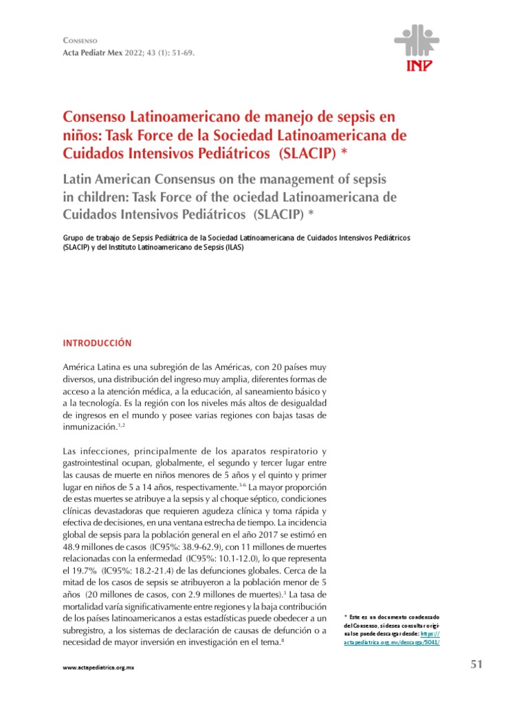 Consenso LATAM SLACIP Sepsis Español Acta Ped Mex Marzo 2022 | PDF | Septicemia | Medicina CLINICA