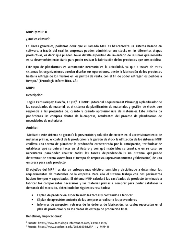 Comparativa entre MRP I y MRP II | PDF | Procesos de negocio | Informática
