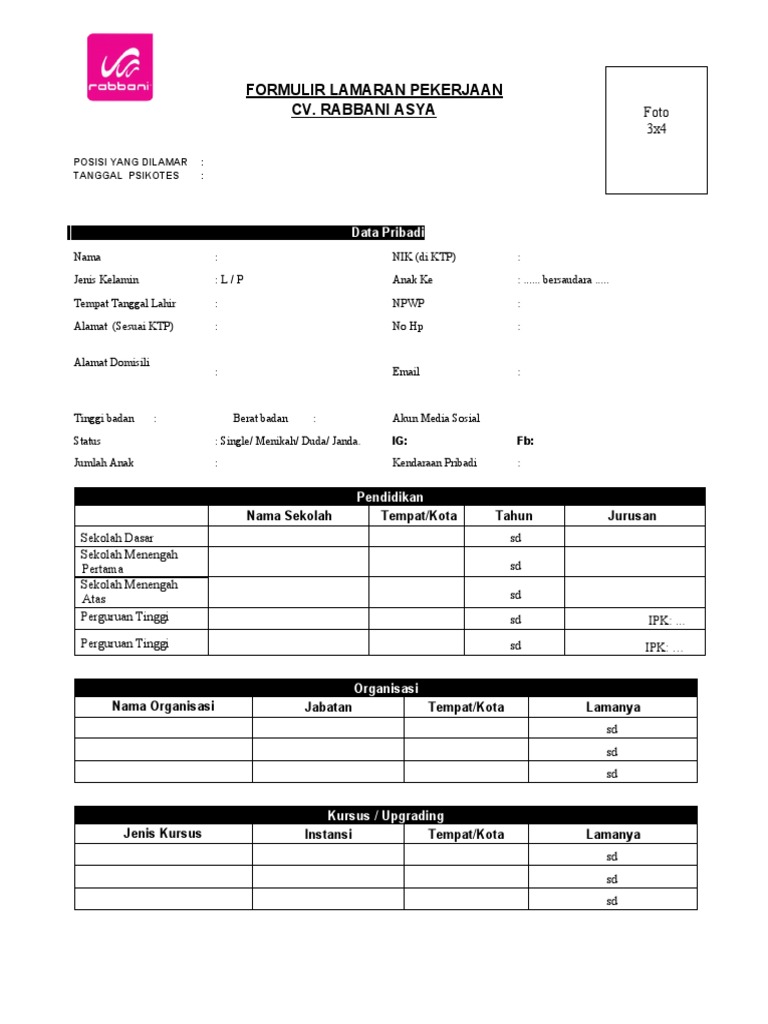 Formulir Lamaran Pekerjaan Freelance Cv. Rabbani Asysa | PDF