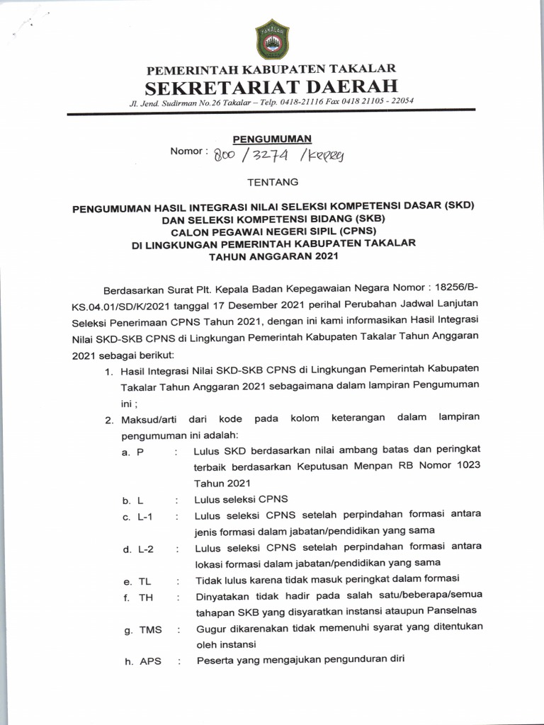 Pengumuman Hasil Seleksi CPNS (Integrasi Nilai SKD-SKB) | PDF