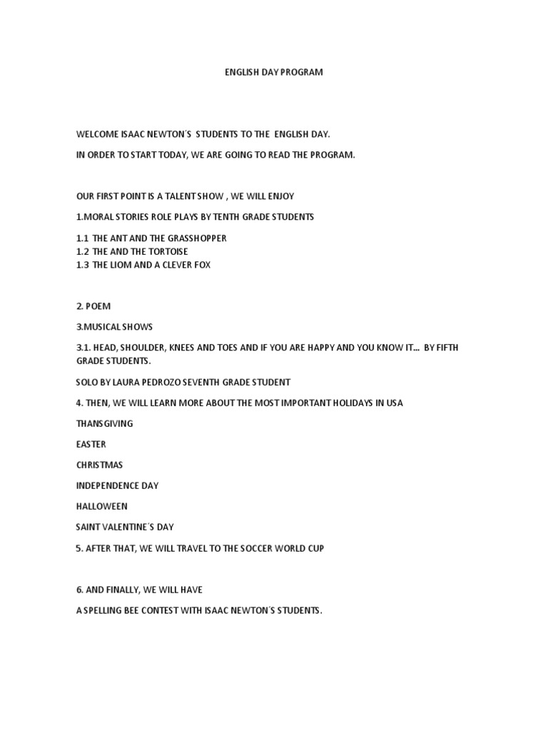 English Day Program | PDF